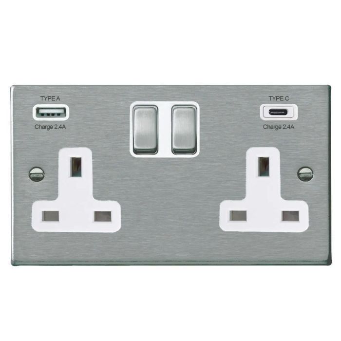 Avenue Slim USB C Double Socket Satin Steel White